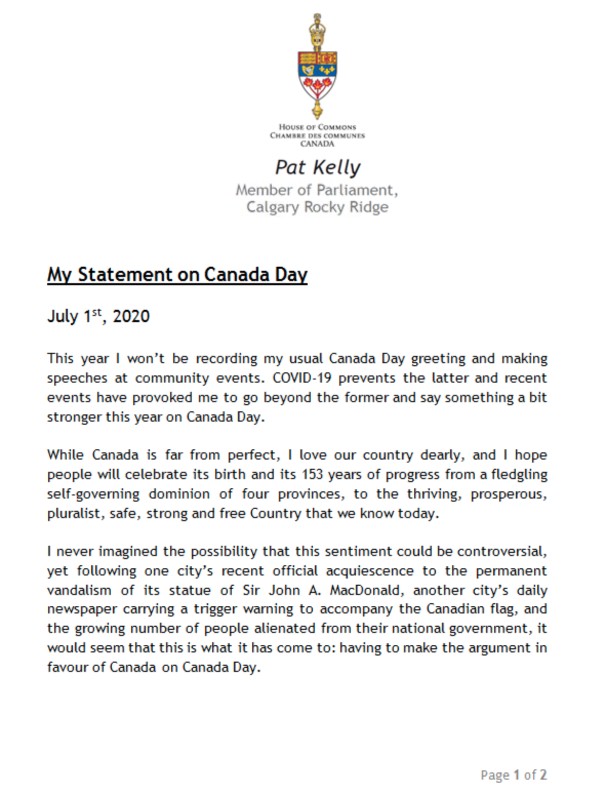 Canada Day Statement – Pat Kelly, MP for Calgary Crowfoot
